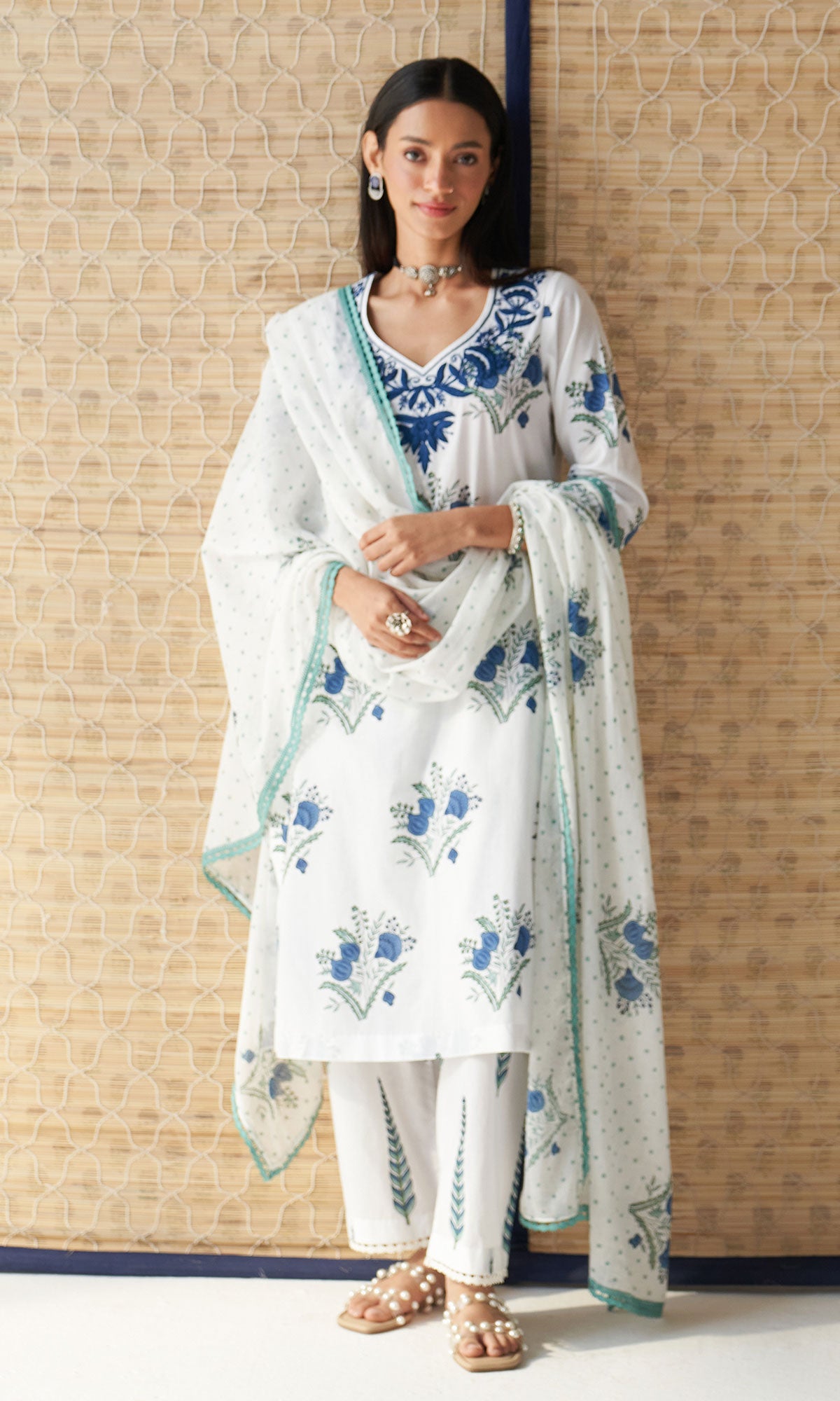 Kapaas blue chikankari block printed kurta with palazzo and dupatta (s ...