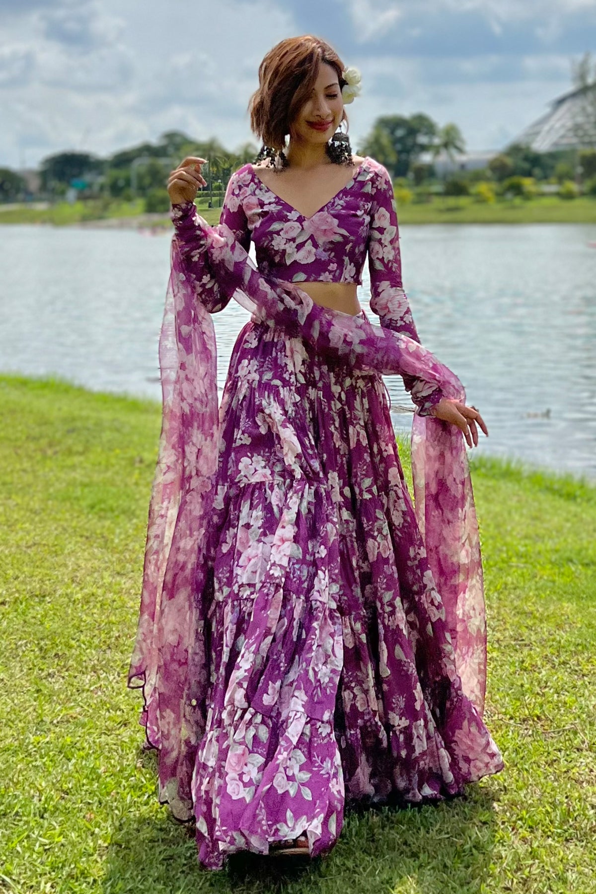 Isha Borah in Falak Purple Floral print Gathered Lehenga with floral b ...
