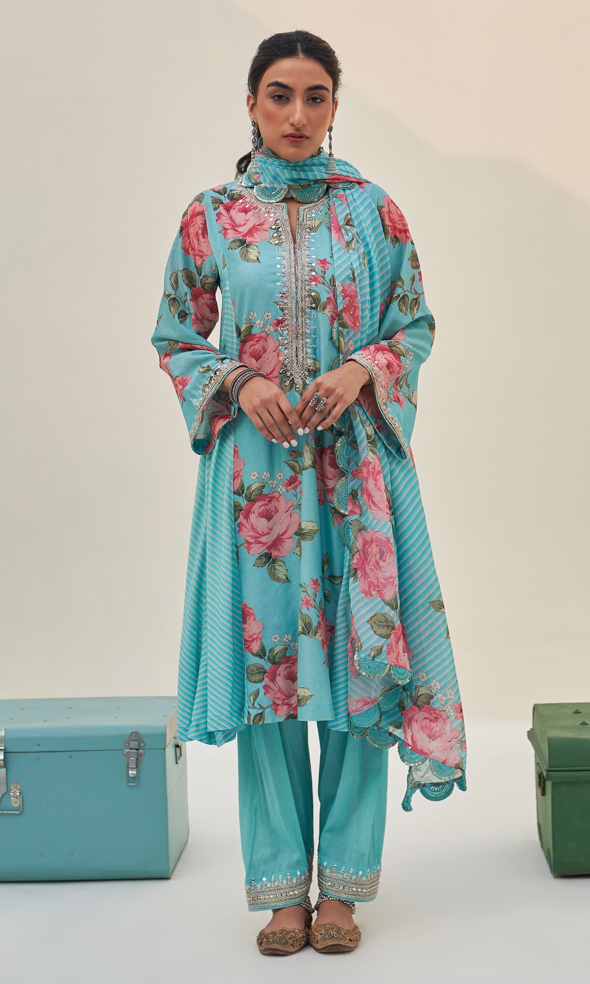 Noor-E-Bagh - Turqoise Floral Embroidered Choga Set- Set Of 3 ...